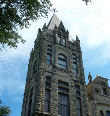 Roy and Lillie Cullen Building (detail, tower), Southwestern University ...